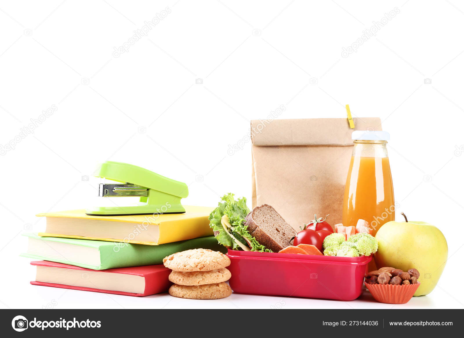 School lunch with paper bag on white background Stock Photo by ...