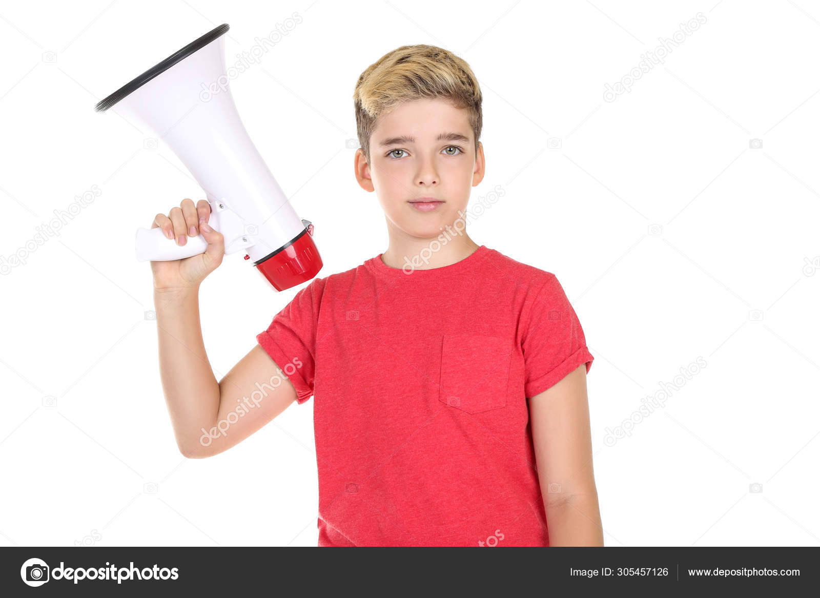 Young boy with megaphone isolated on white background Stock Photo by ...