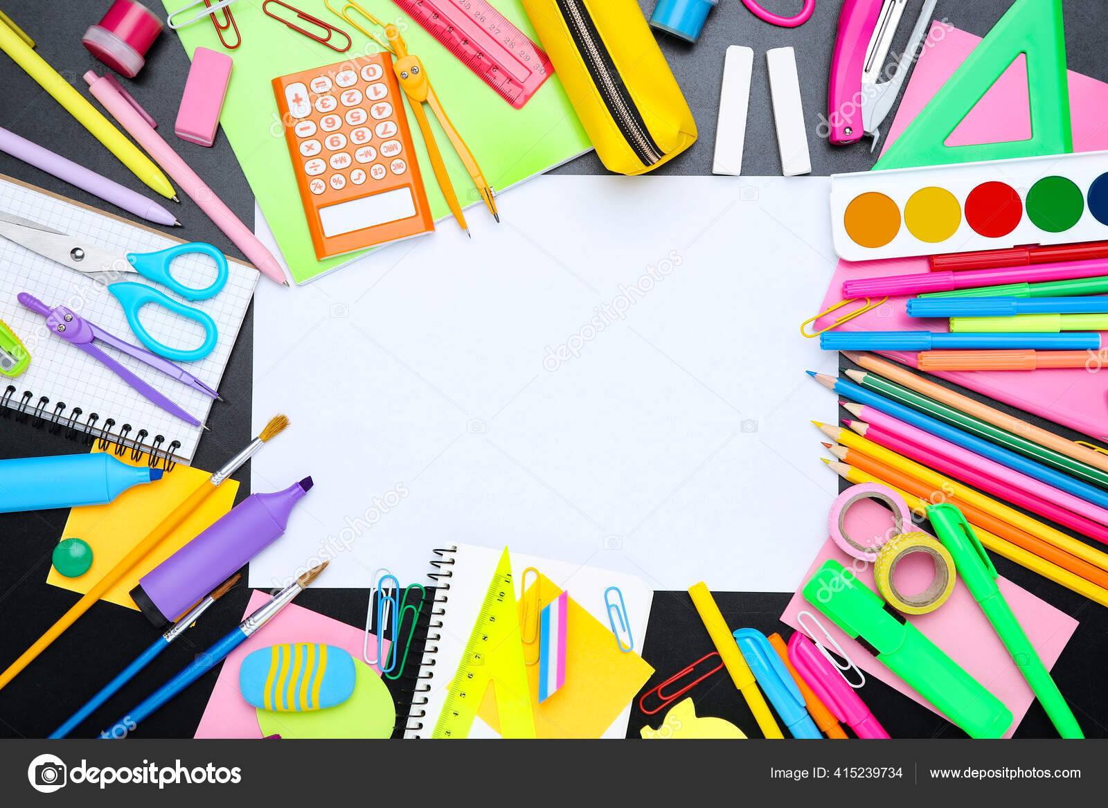 Different School Supplies Blank Sheet Paper Black Background Stock ...