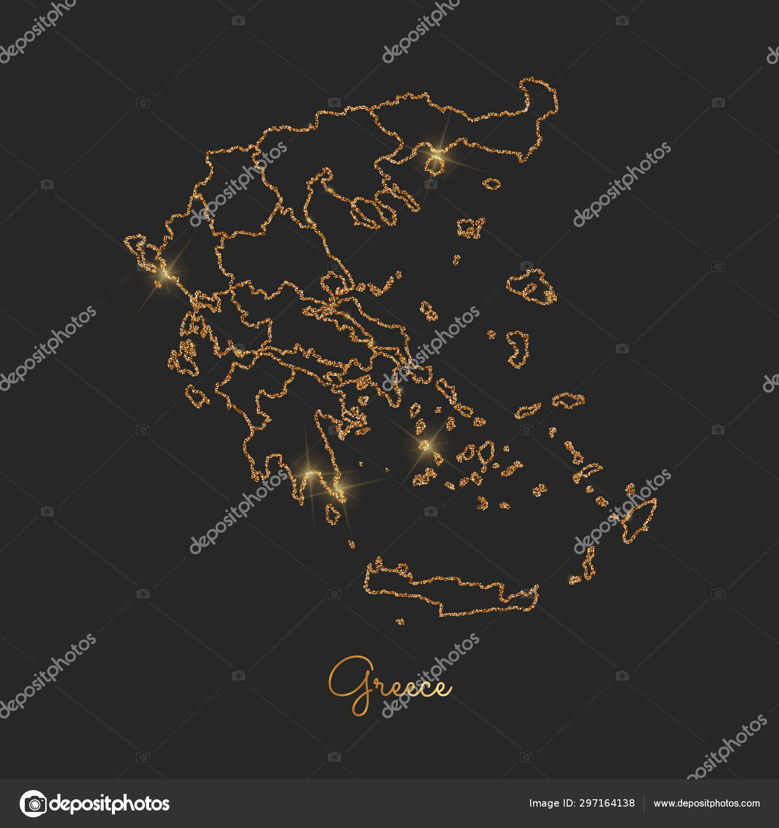 Greece region map golden glitter outline with sparkling stars on dark ...
