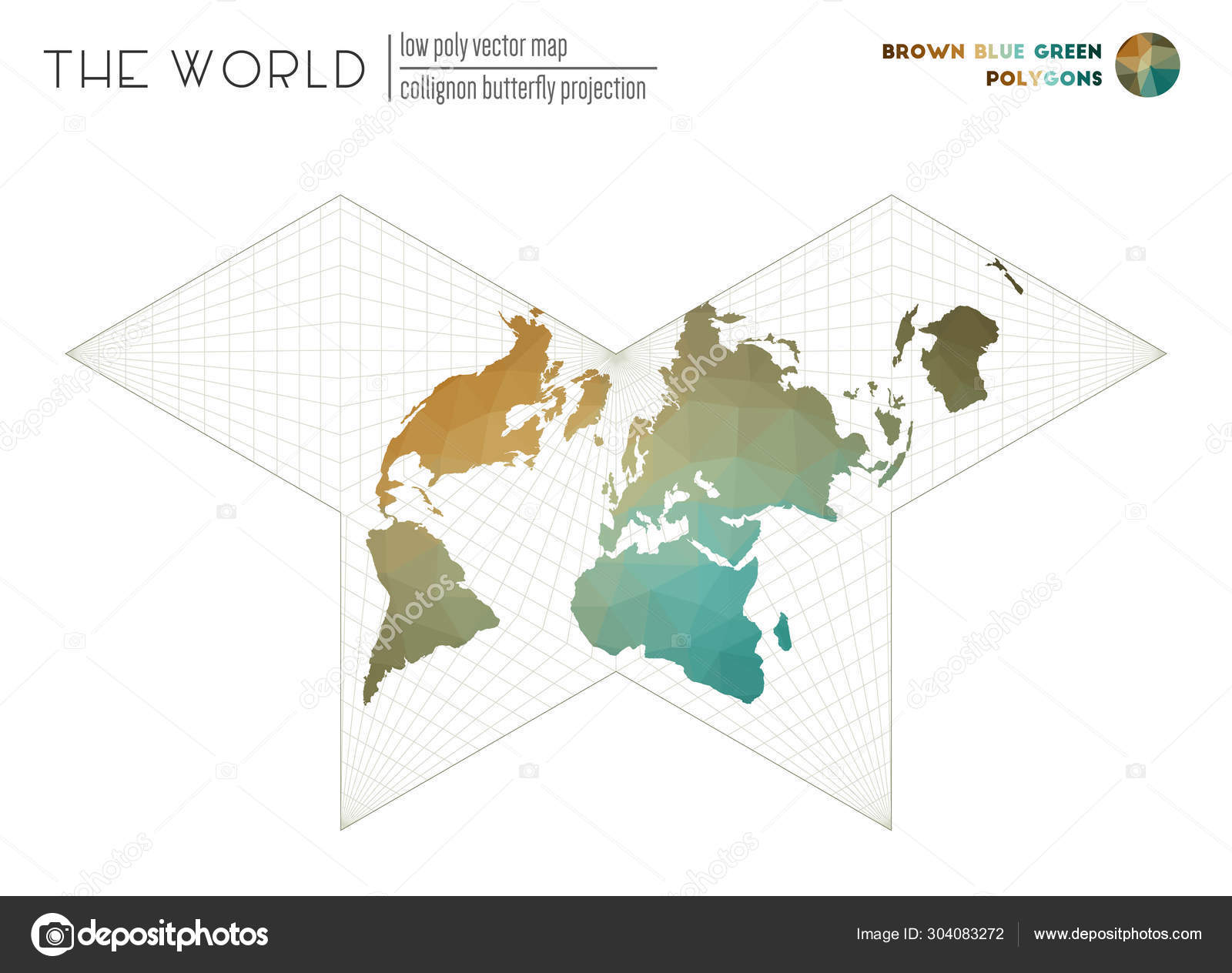 Abstract geometric world map Collignon butterfly projection of the ...