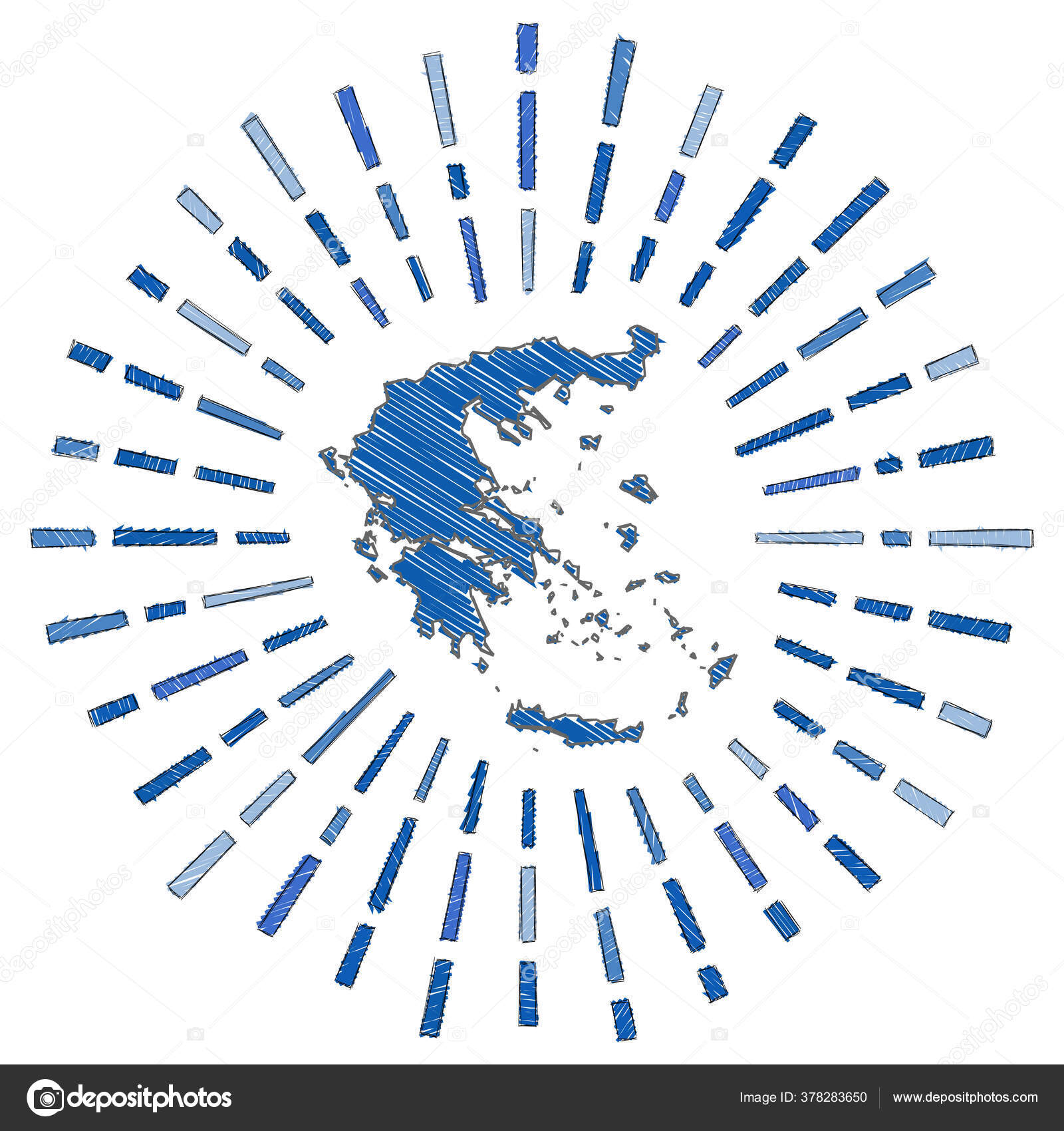 Sketch map of Greece Sunburst around the country in flag colors Hand ...