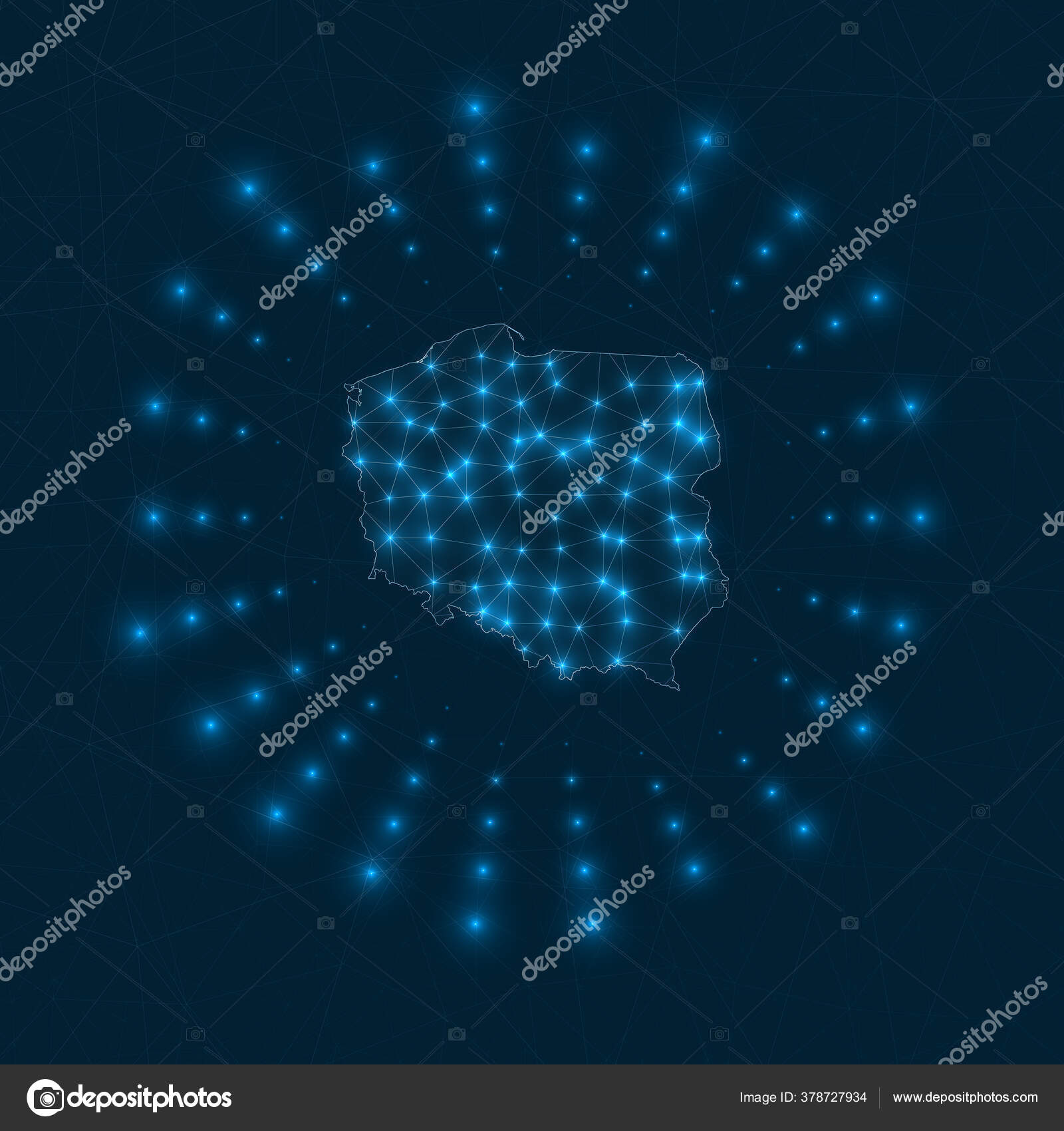 Poland digital map Glowing rays radiating from the country Network ...