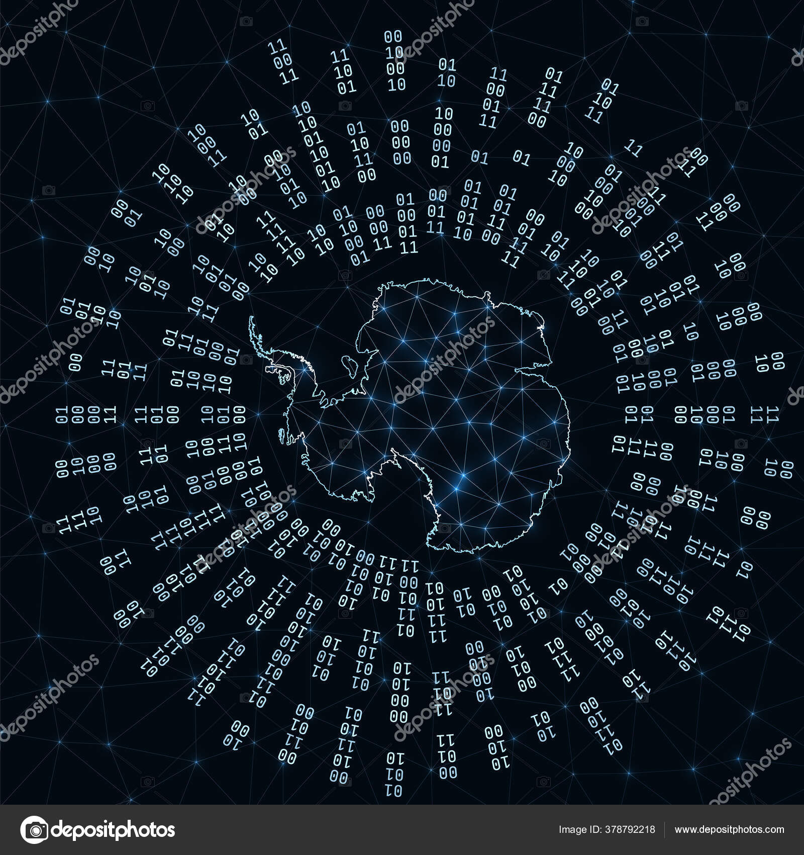 Antarctica digital map Binary rays radiating around glowing country ...