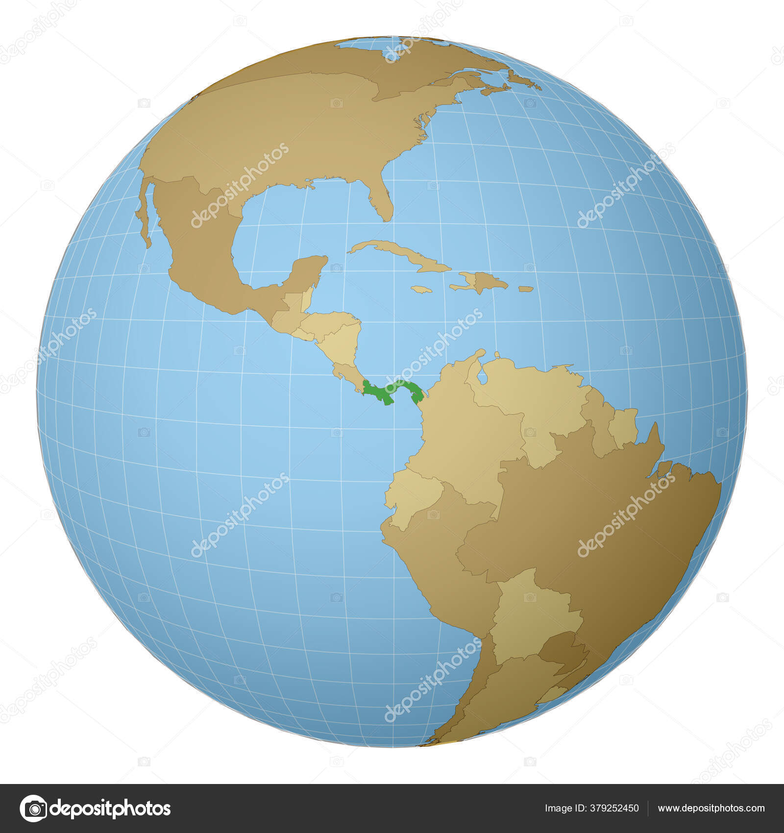Globe centered to Panama Country highlighted with green color on world ...