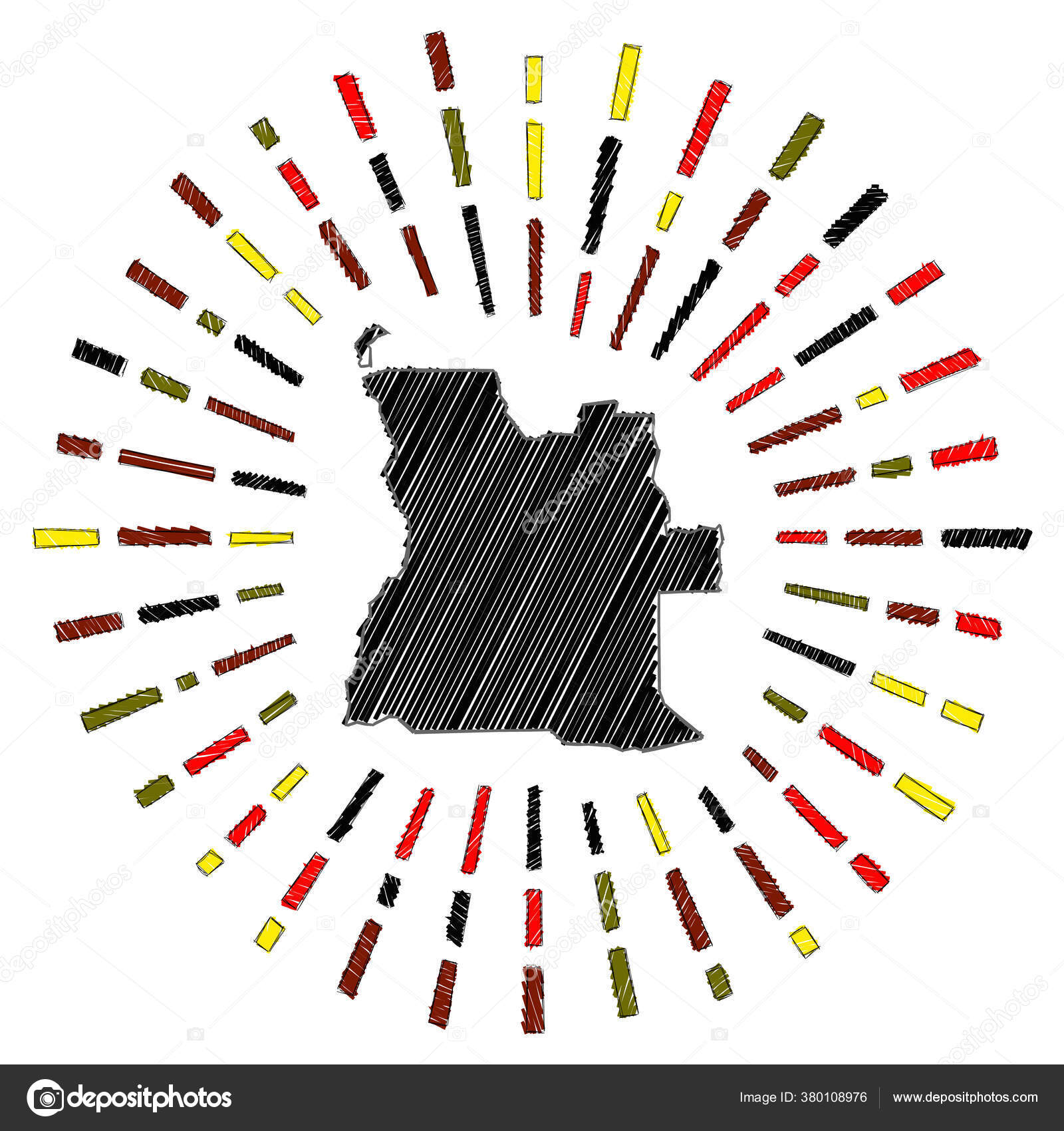 Sketch map of Angola Sunburst around the country in flag colors Hand drawn Angola shape with sun ...