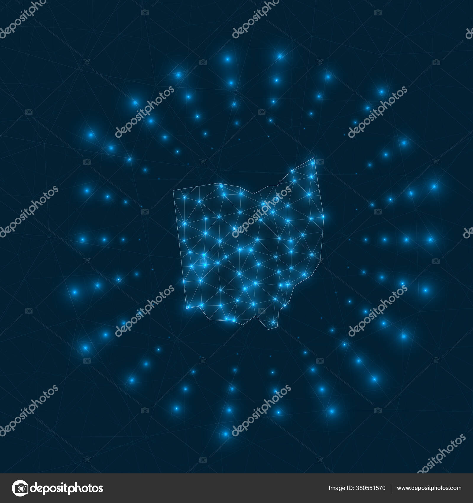 Mapa digital de Ohio Rayos brillantes que irradian desde el estado de ...