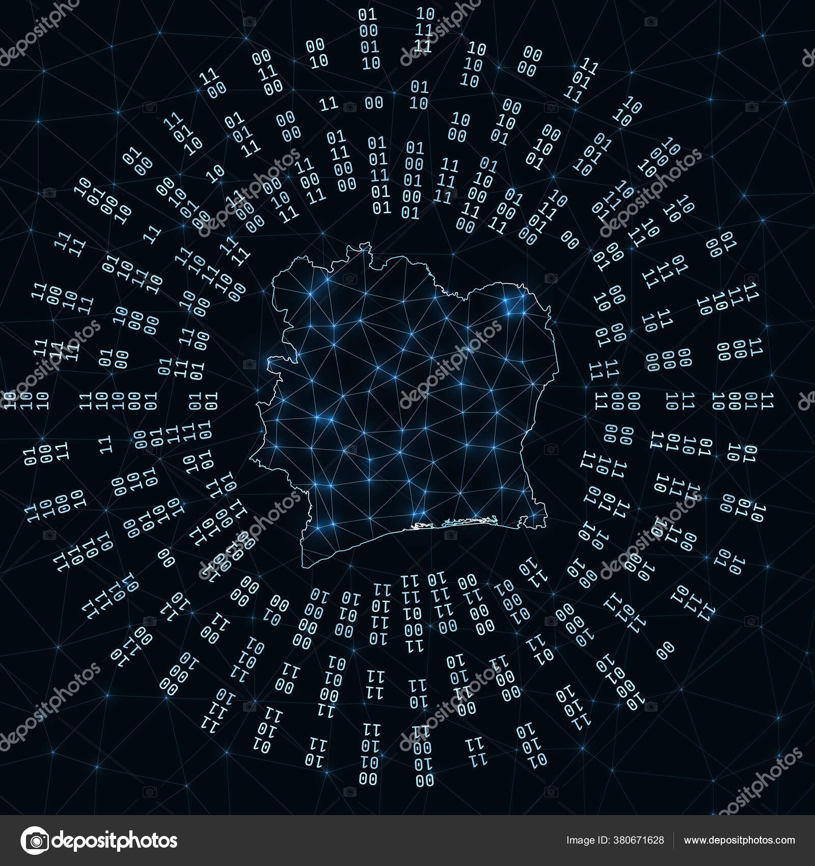 Ivory Coast digital map Binary rays radiating around glowing country ...