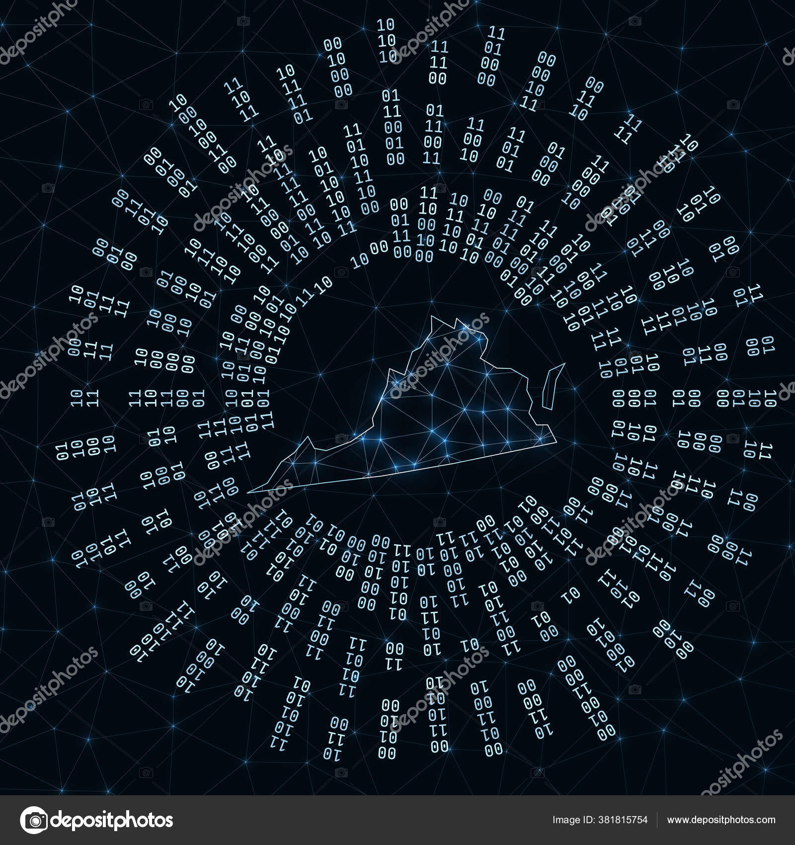 Virginia digital map Binary rays radiating around glowing us state ...