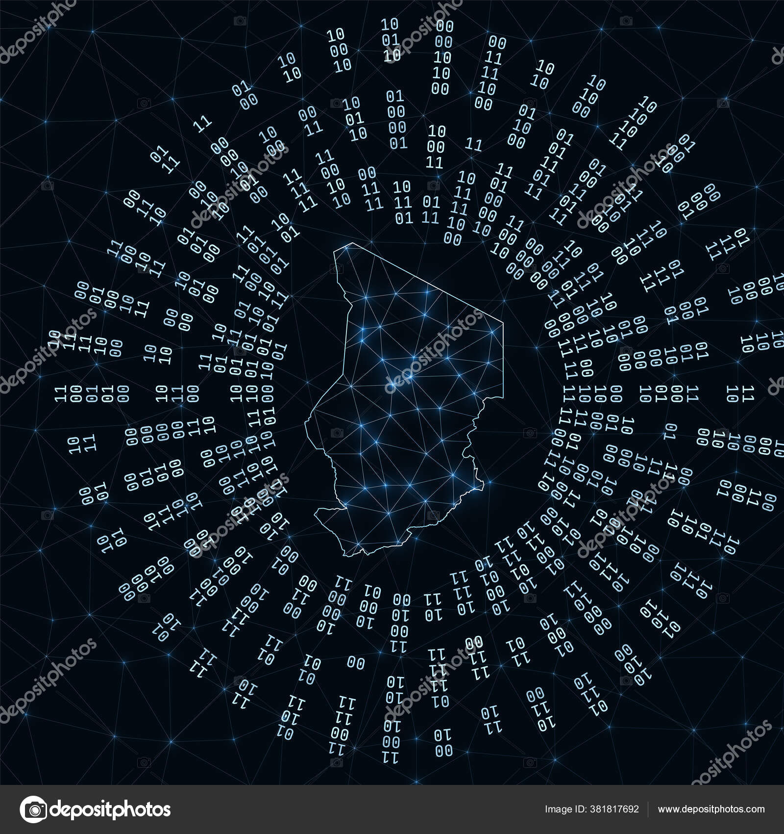 Chad digital map Binary rays radiating around glowing country Internet ...