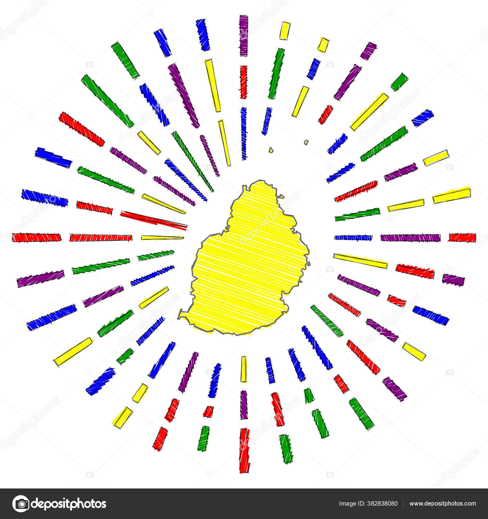 Sketch map of Mauritius Sunburst around the island in flag colors Hand ...