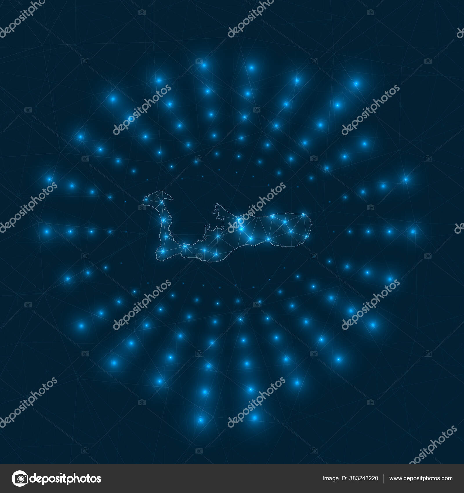Grand Cayman digital map Glowing rays radiating from the island Network ...