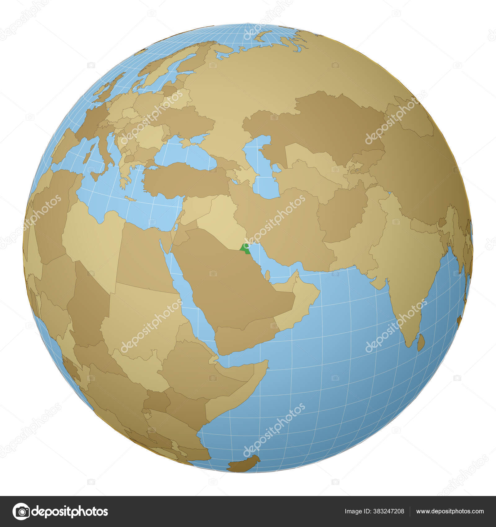 Globe centered to Kuwait Country highlighted with green color on world ...