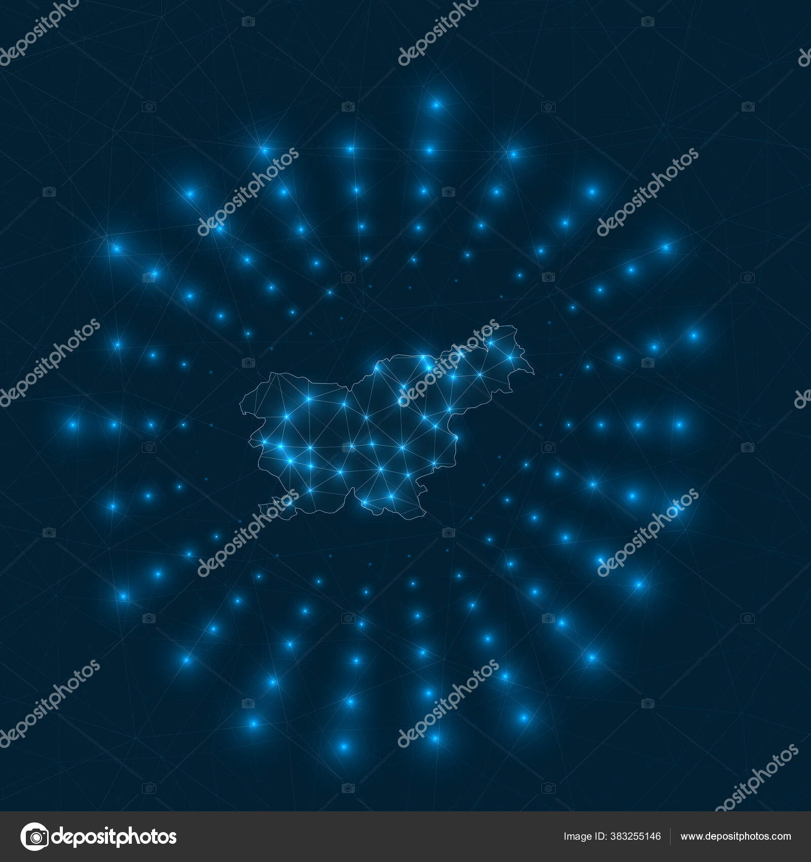 Slovenia digital map Glowing rays radiating from the country Network ...