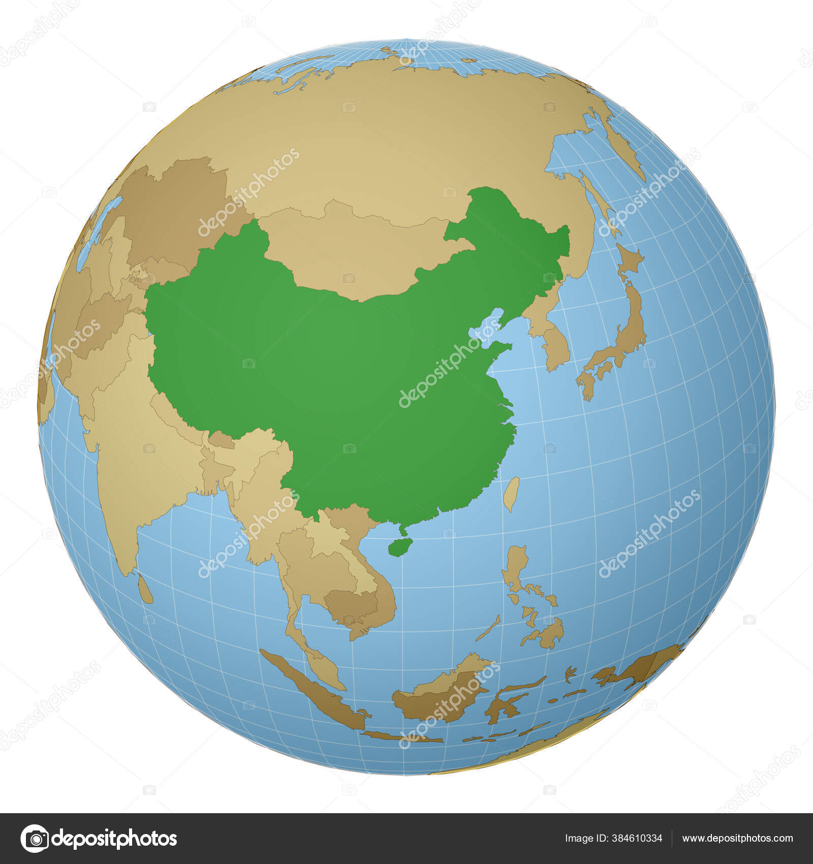 以中国为中心的地球国家在世界地图卫星投影上以绿色为亮点 图库矢量图©gagarych 384610334