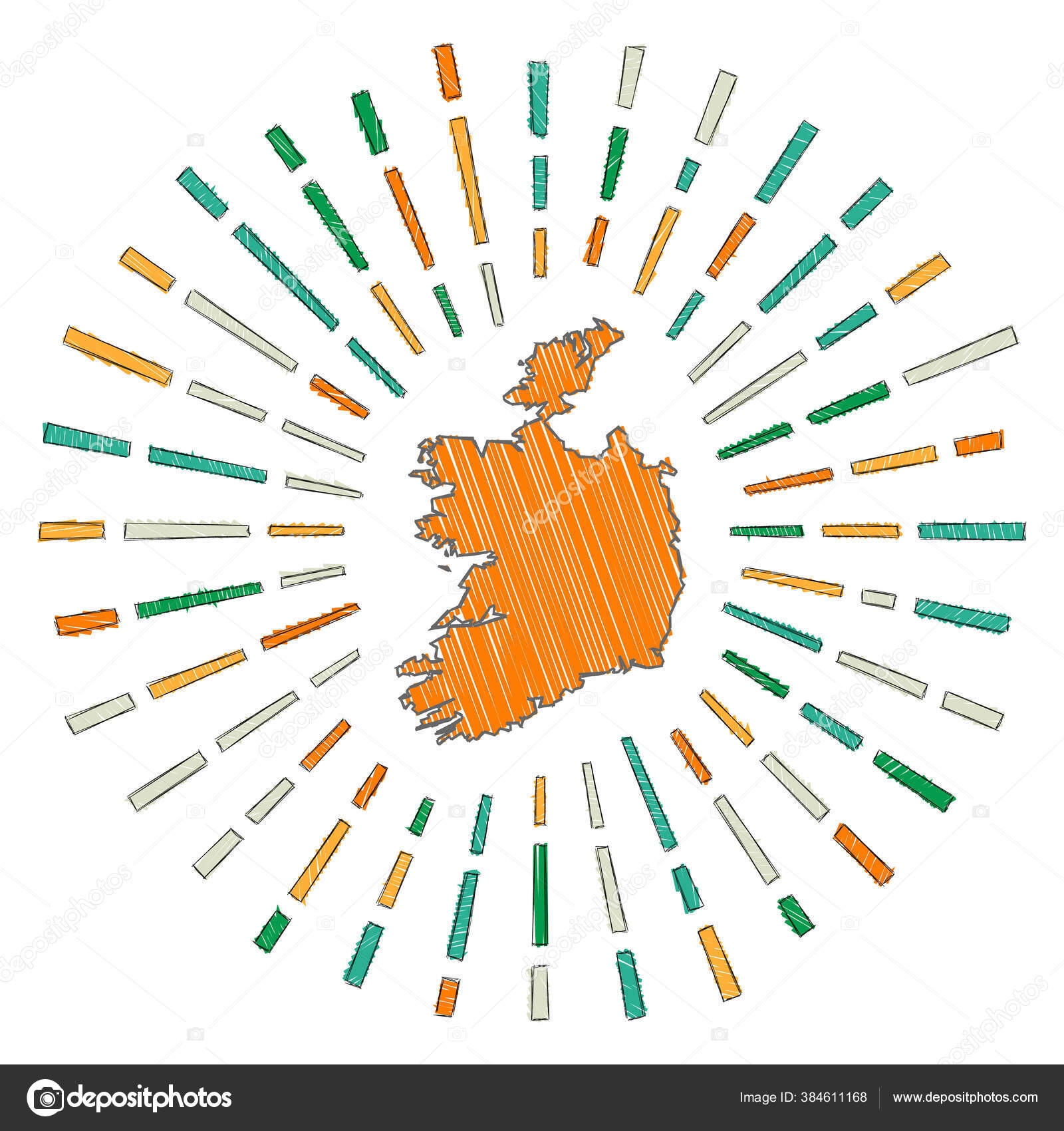 Sketch map of Ireland Sunburst around the country in flag colors Hand ...