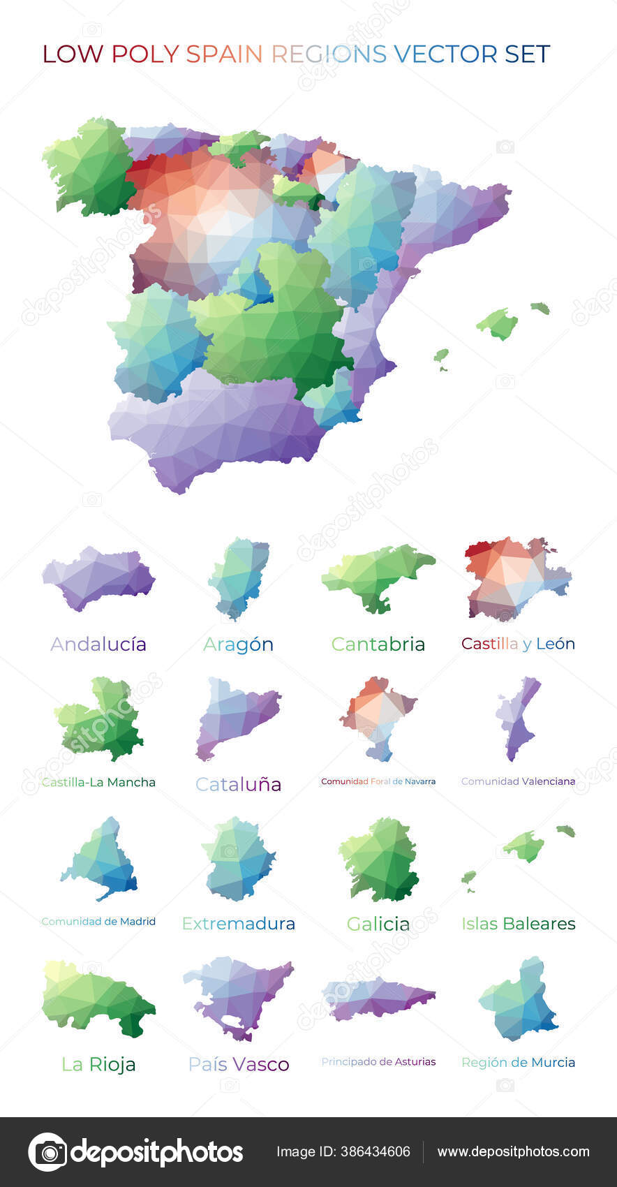 Spanske lavpoly regioner Polygonalt kort over Spanien med regioner ...