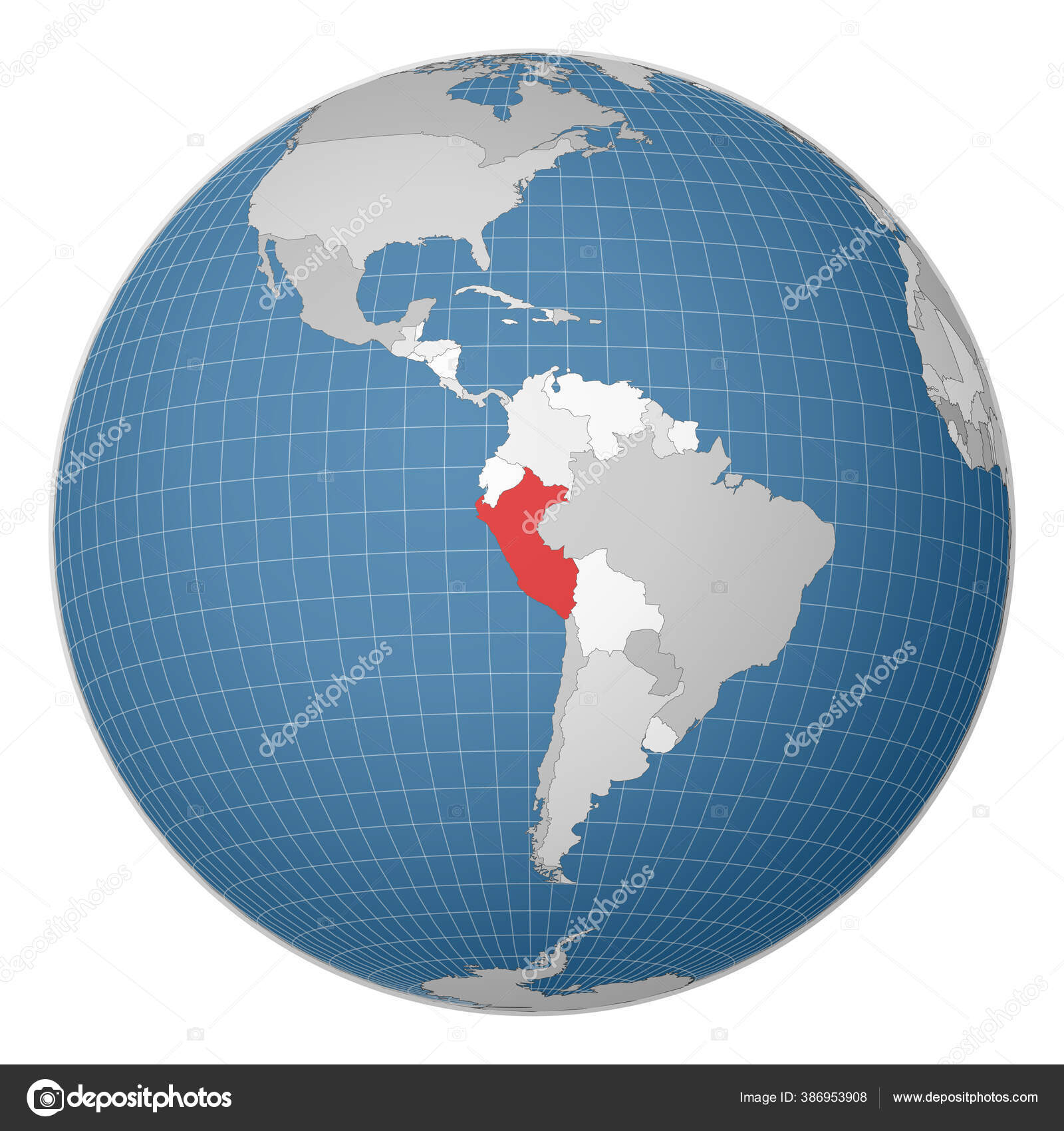 Globe centered to Peru Country highlighted with green color on world ...