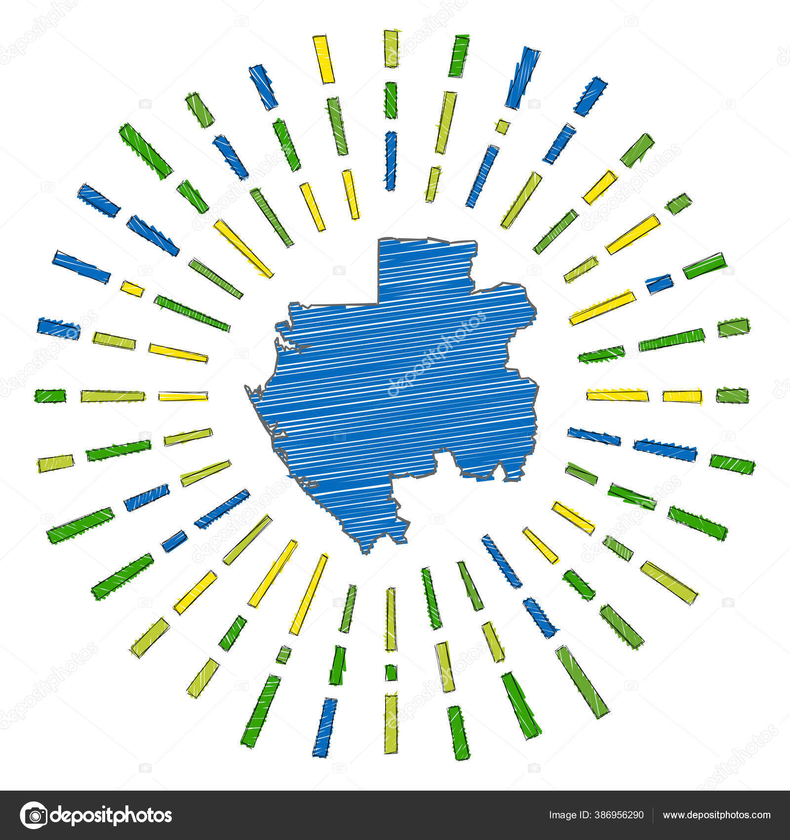 Sketch map of Gabon Sunburst around the country in flag colors Hand drawn Gabon shape with sun ...