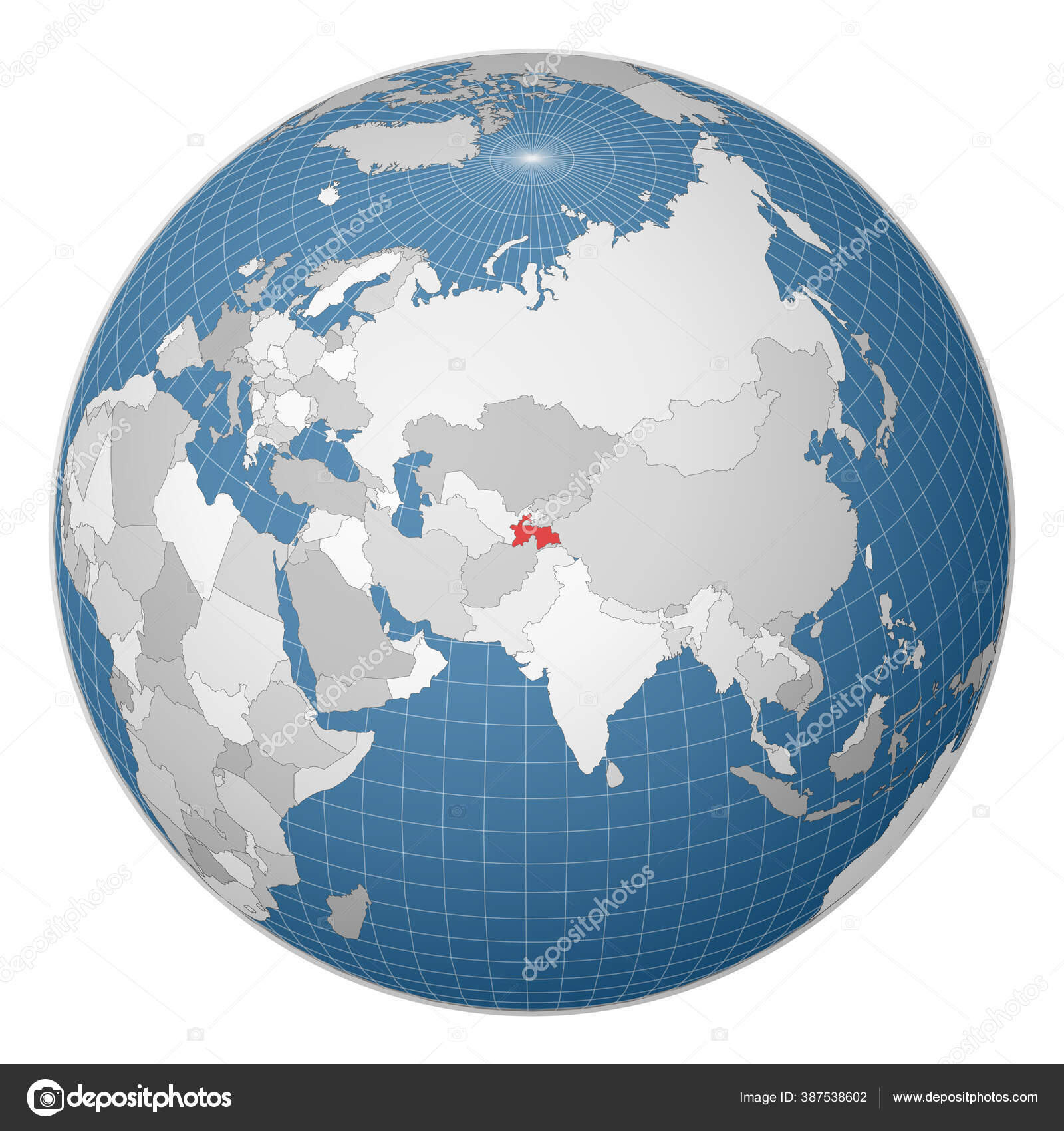 Globe centered to Tajikistan Country highlighted with green color on ...