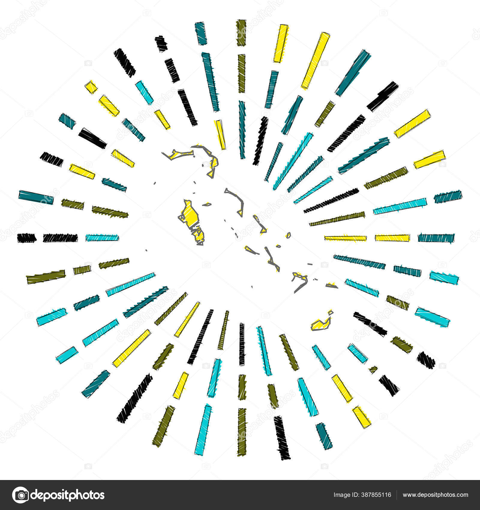 Sketch map of Bahamas Sunburst around the country in flag colors Hand ...