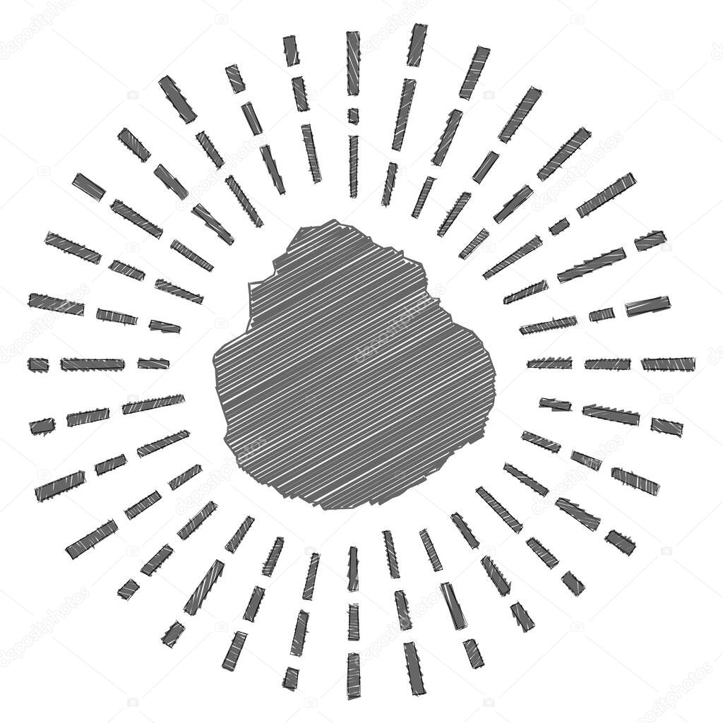 Bosquejo mapa de MarieGalante Sunburst alrededor de la isla en colores de bandera Dibujado a ...