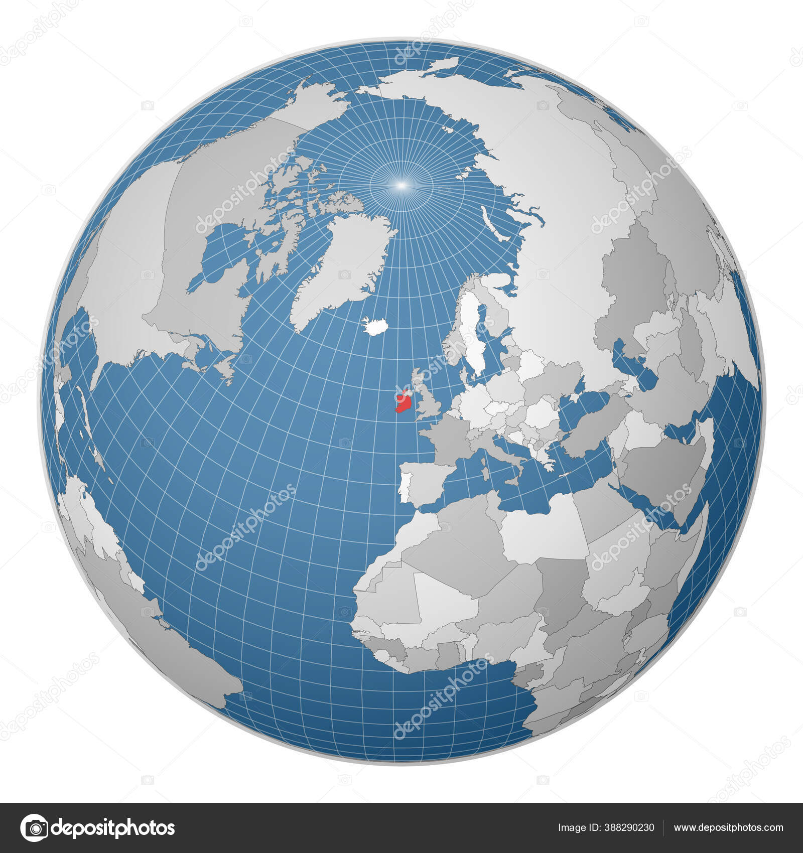 Globe centered to Ireland Country highlighted with green color on world ...