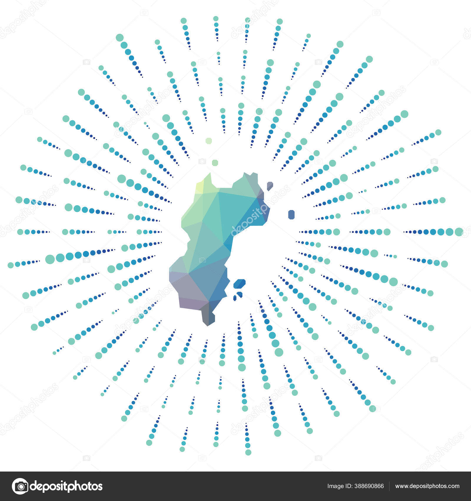 Shape of Mustique polygonal sunburst Map of the island with colorful ...