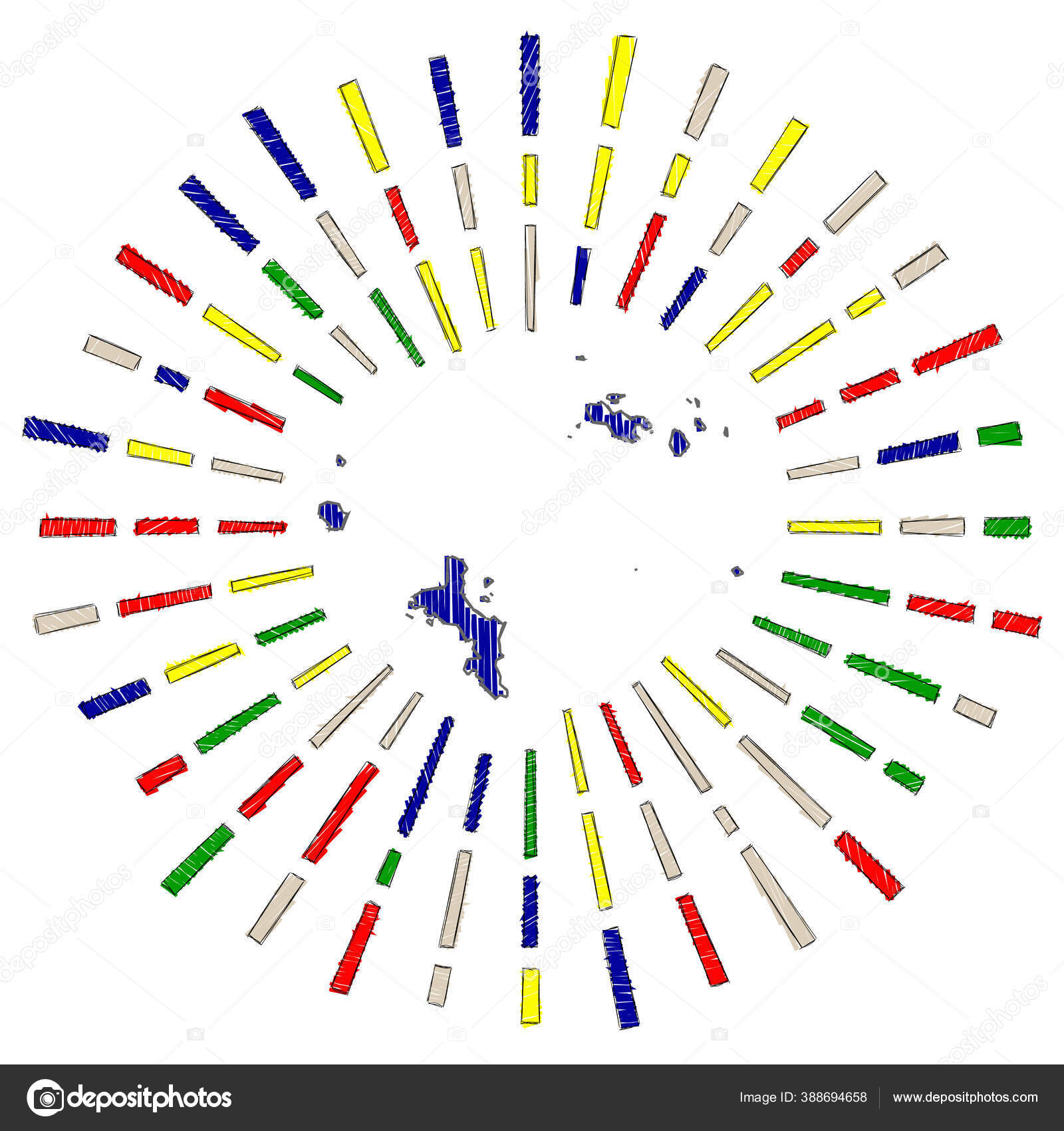 Sketch map of Seychelles Sunburst around the island in flag colors Hand ...