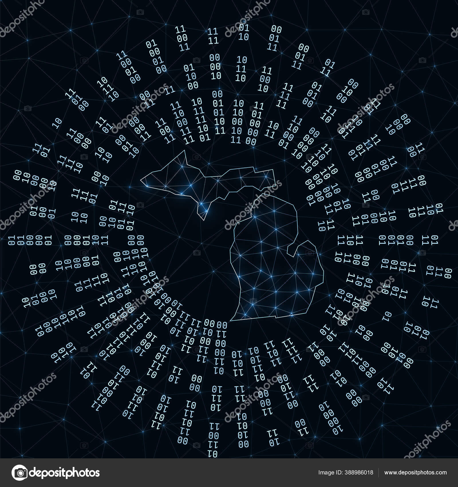 Michigan digital map Binary rays radiating around glowing us state ...