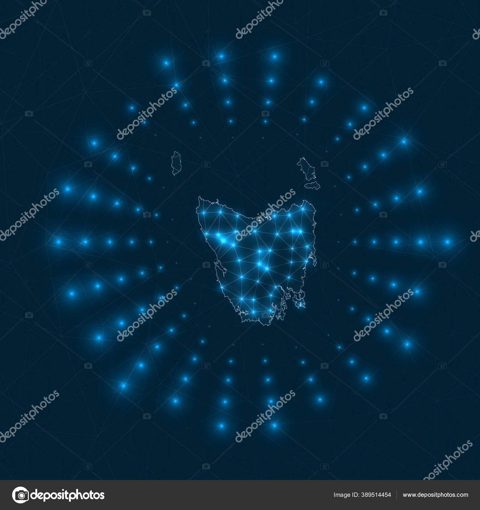 Tasmania digital map Glowing rays radiating from the island Network ...