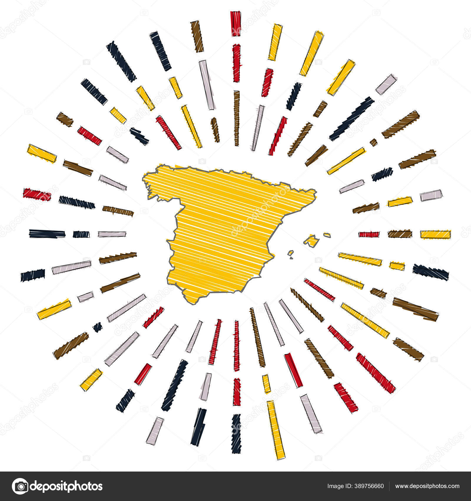Sketch map of Spain Sunburst around the country in flag colors Hand ...
