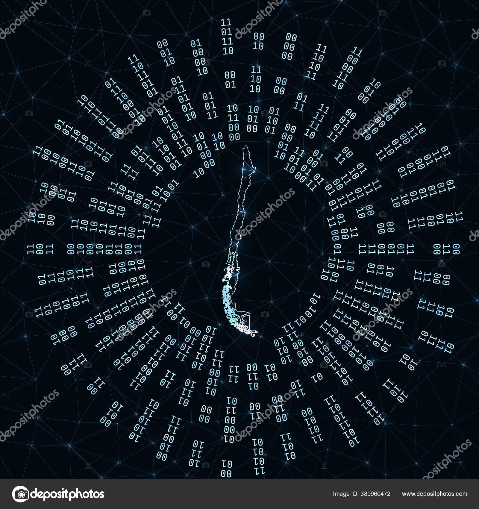 Chile digital map Binary rays radiating around glowing country Internet ...
