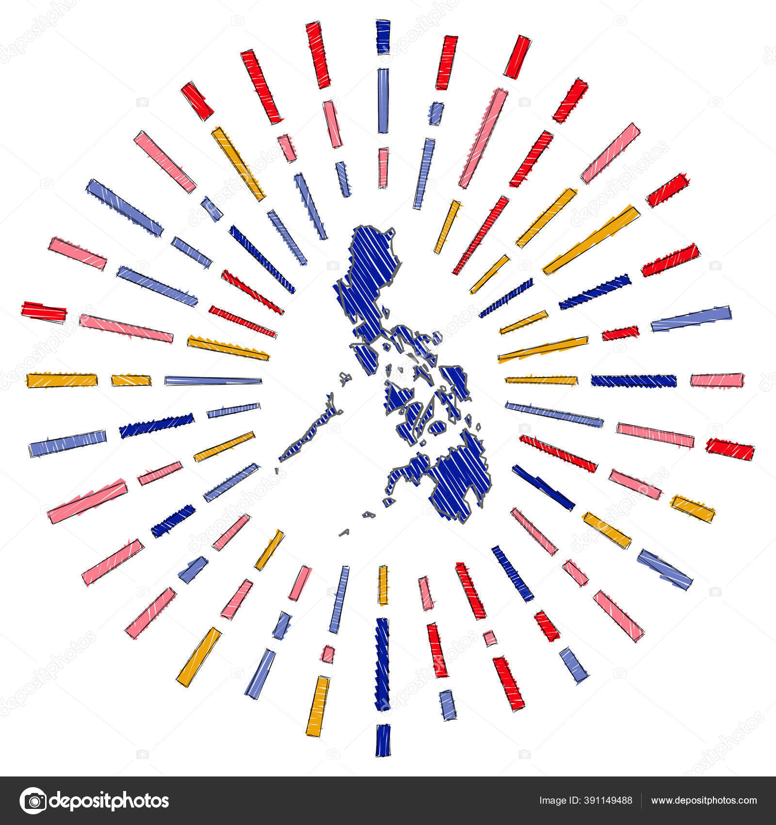 Sketch map of Philippines Sunburst around the country in flag colors ...