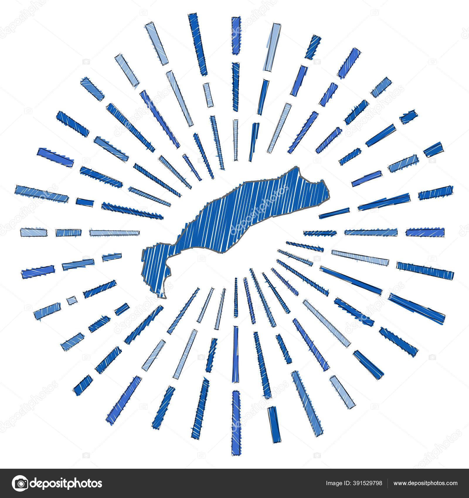 Sketch map of Kos Sunburst around the island in flag colors Hand drawn ...