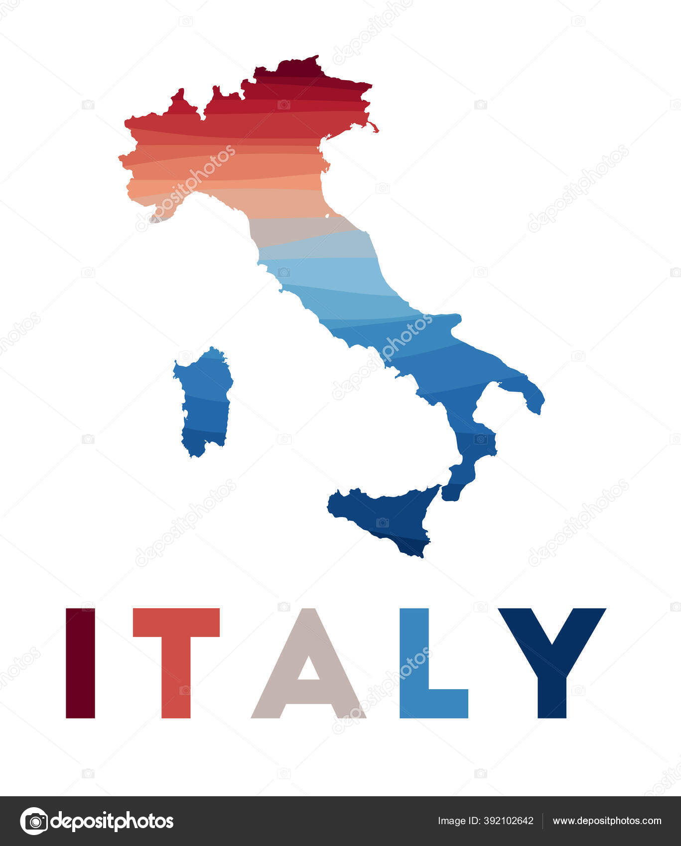 Italy map Map of the country with beautiful geometric waves in red blue ...