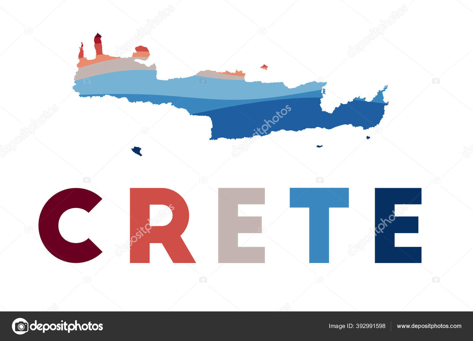 Crete map Map of the island with beautiful geometric waves in red blue ...