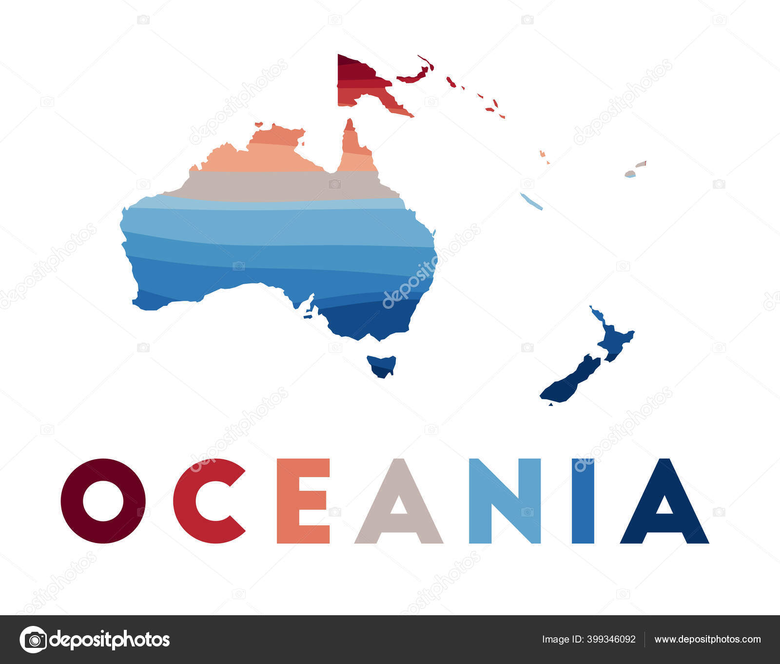 Oceania map Map of the continent with beautiful geometric waves in red ...