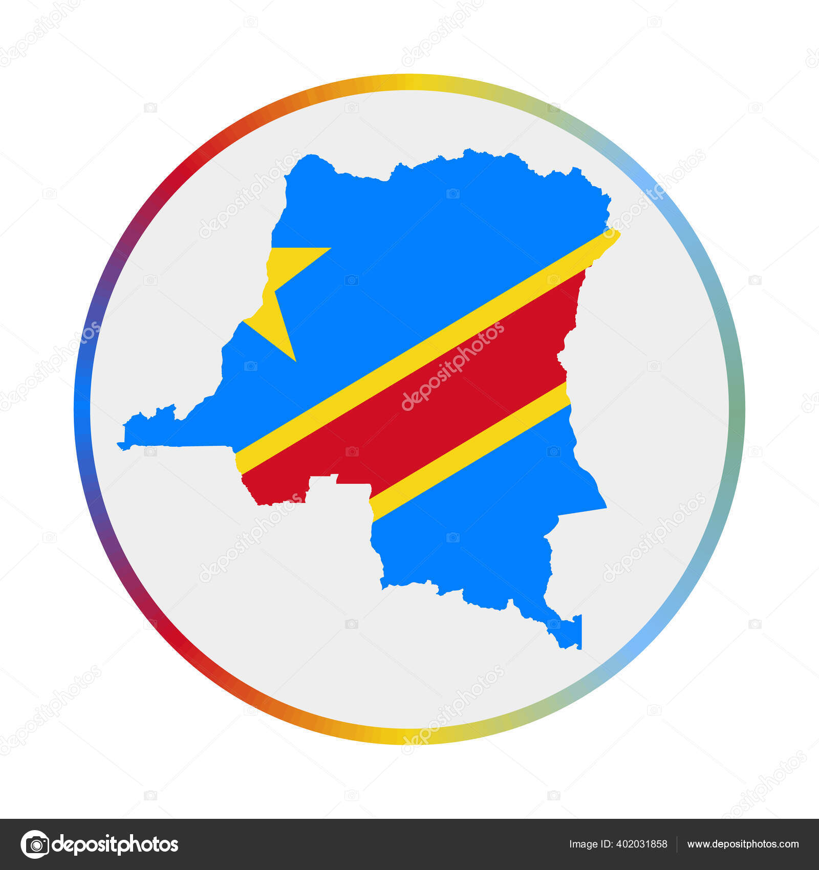 DR Congo icon Shape of the country with DR Congo flag Round sign with ...