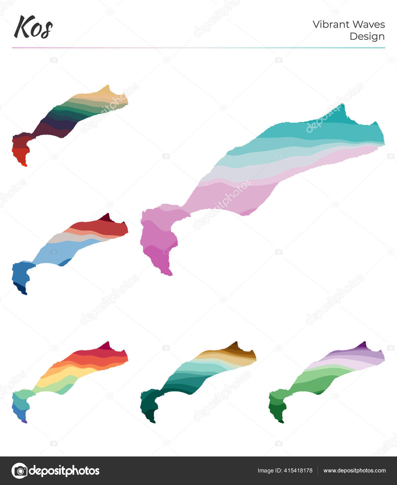 Set of vector maps of Kos Vibrant waves design Bright map of island in geometric smooth curves ...