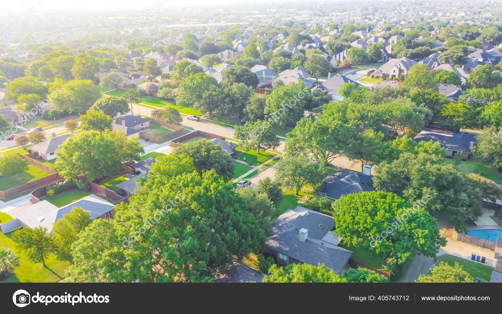 Aerial view urban sprawl subdivision near Dallas, Texas, USA row of ...