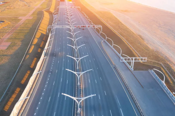 Aerial view of evening highway of a city, Top view over the road and ...