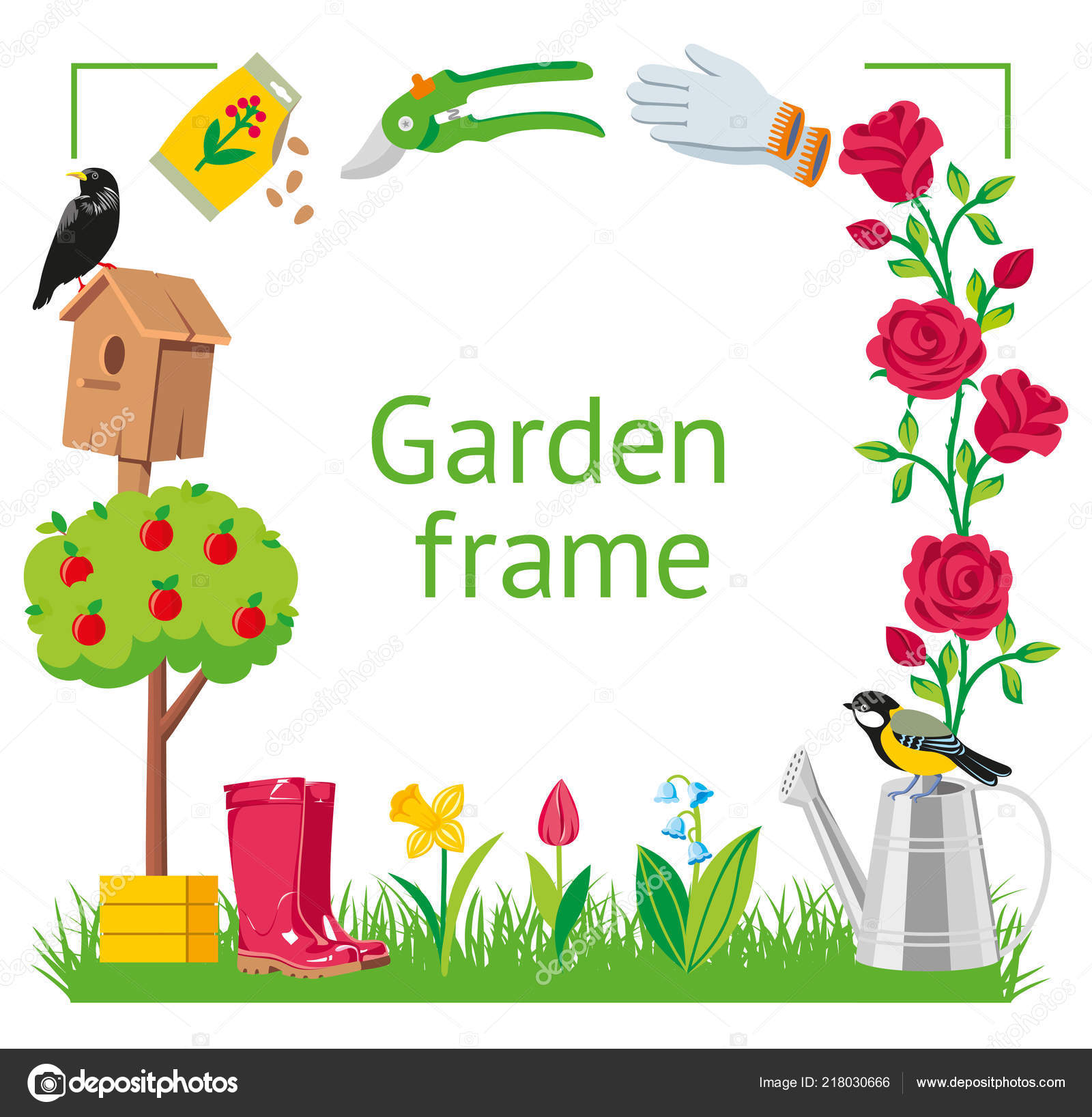 Garden Frame Cartoon Style Garden Collection Tools Isolated White ...