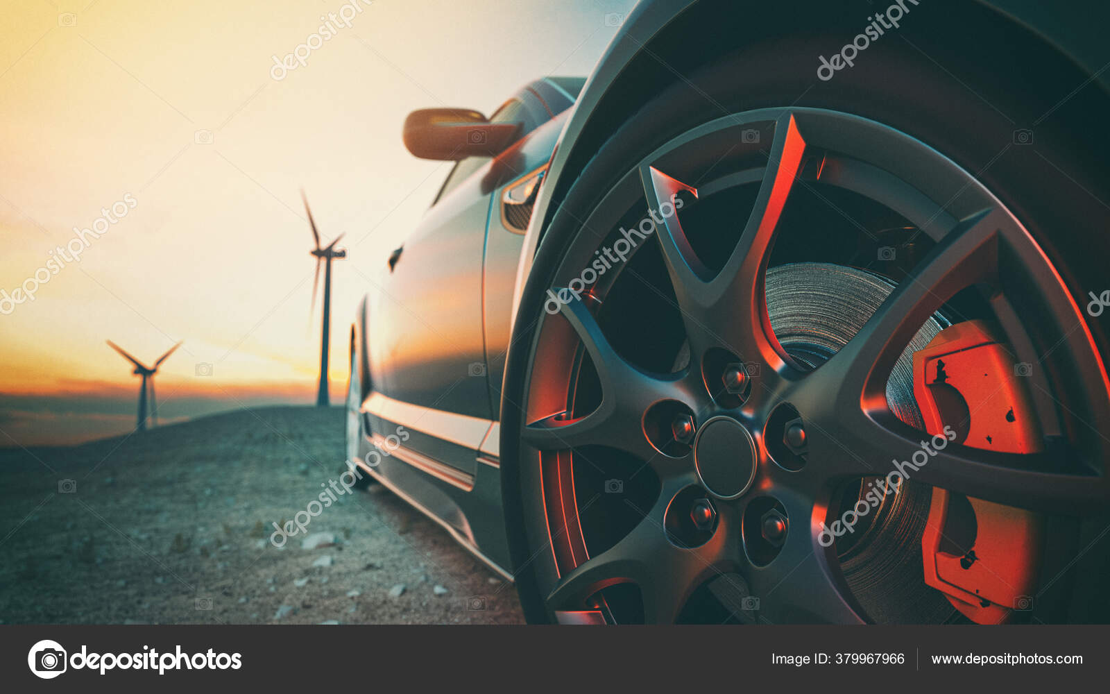 Image Front Sports Car Scene Sun Going Wind Turbines Back Stock Photo ...
