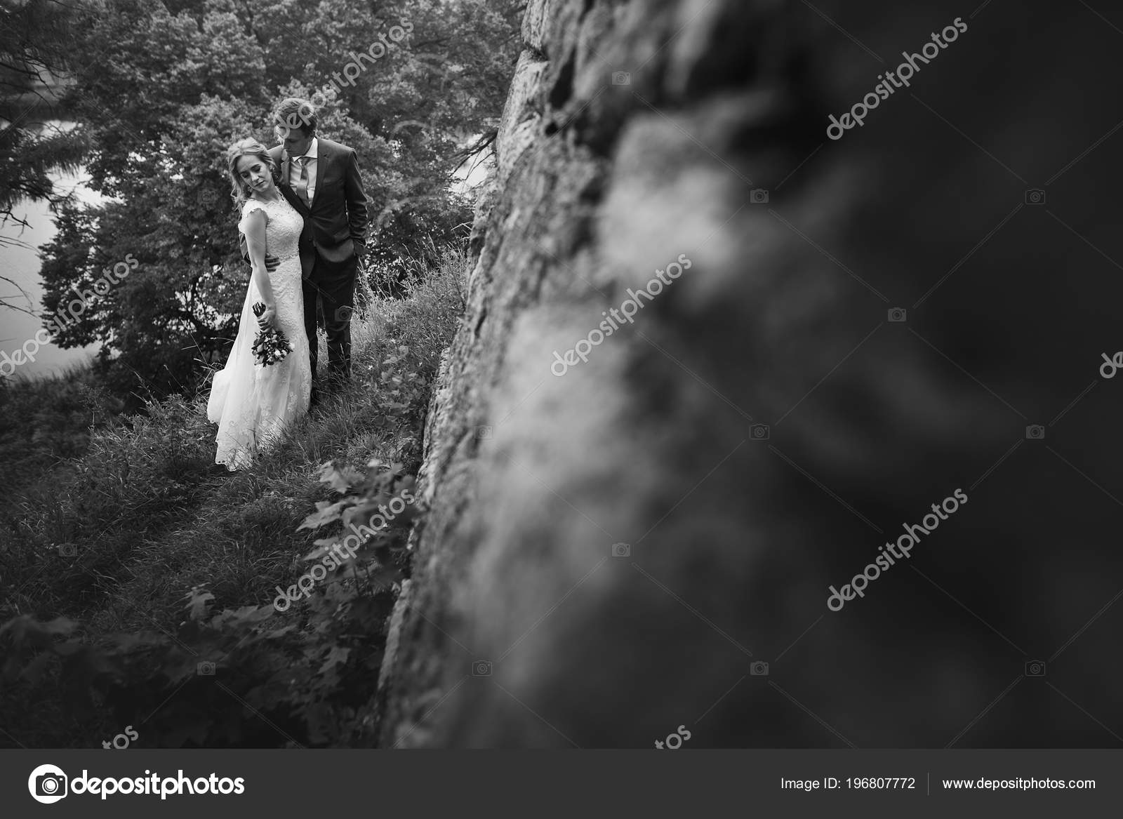Beautiful Gorgeous Bride Groom Posing Happy Wedding Couple Hugging ...