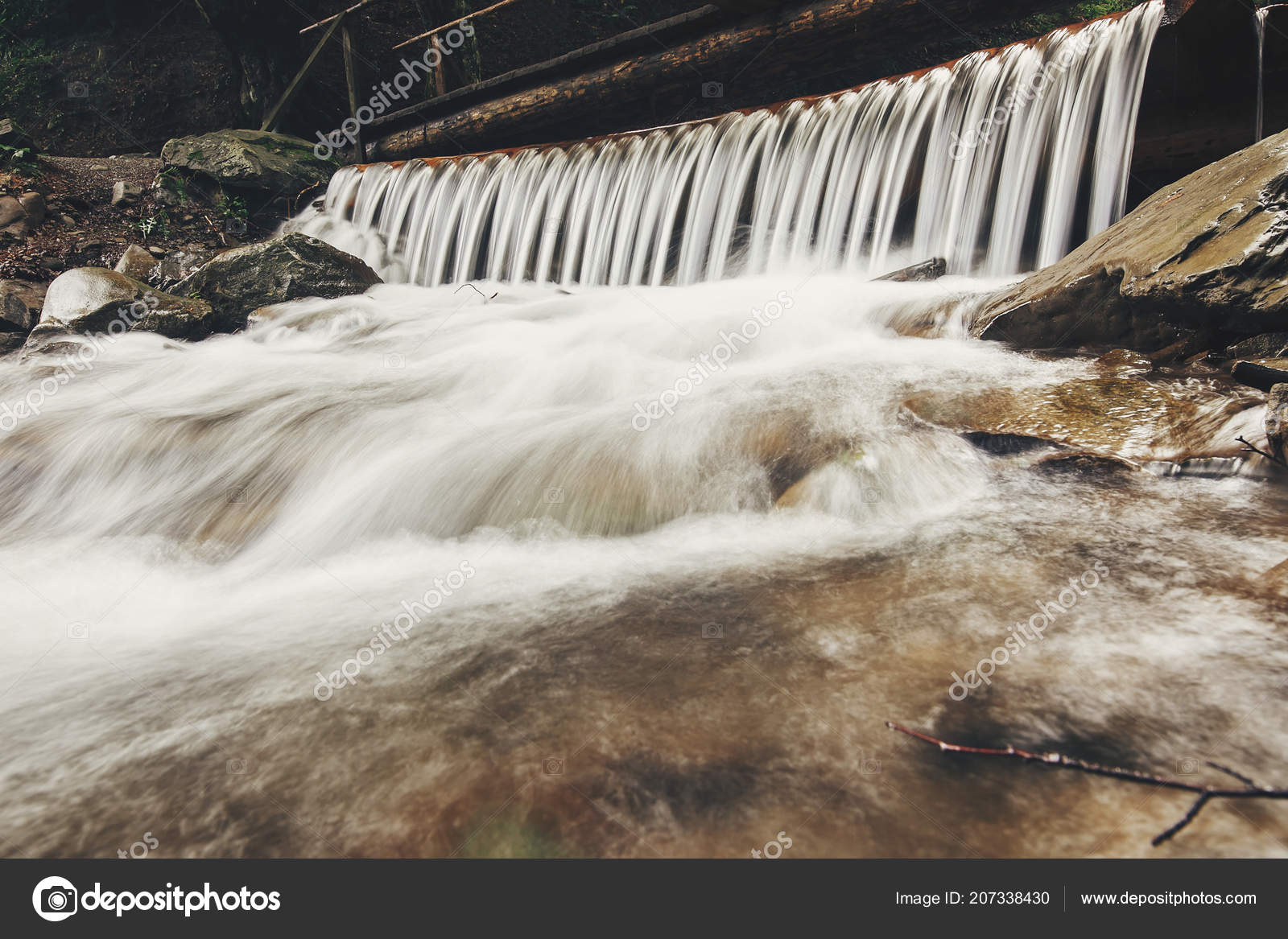 Beautiful Waterfall Wooden Dam Sunny Woods Water Drops River Flowing ...