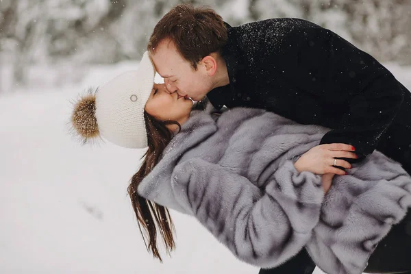 Stylish Couple Love Holding Hands Embracing Snowy Mountains Happy Family Stock Photo by ...