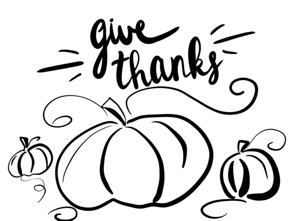 Handwritten Give Thanks text and simple black pumpkins sketch on white ...