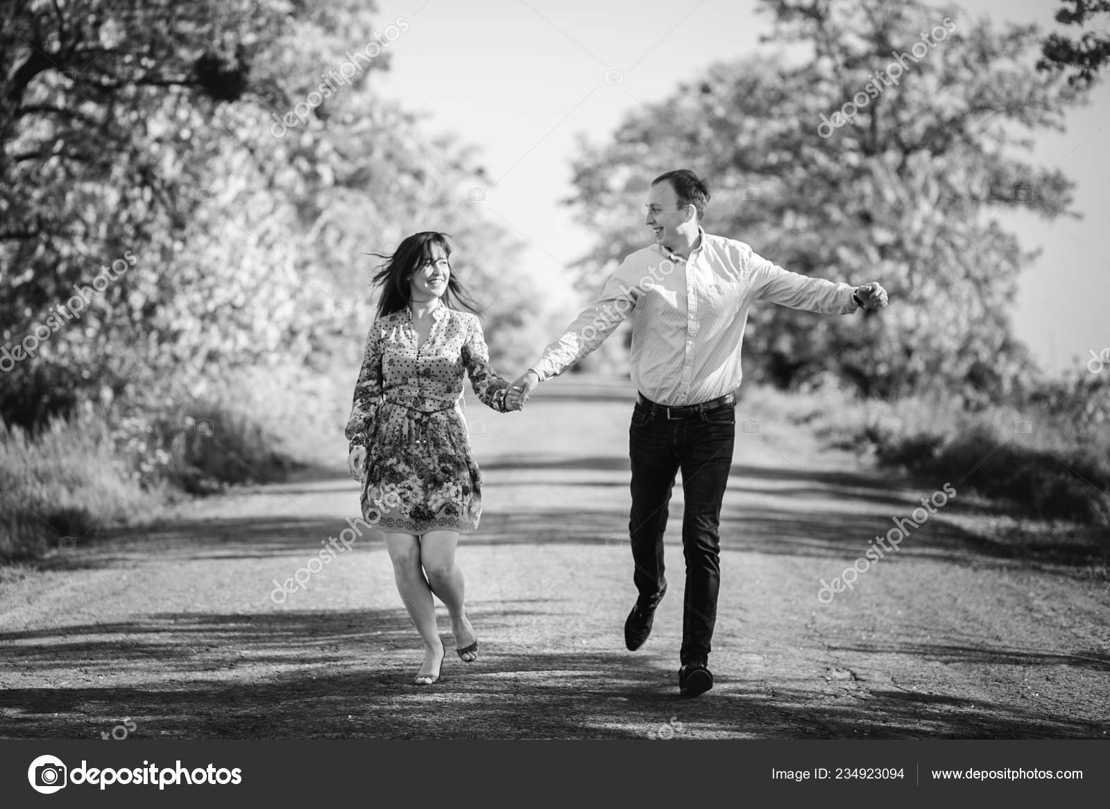 Beautiful Young Couple Running Holding Hands Spring Meadow Happy ...