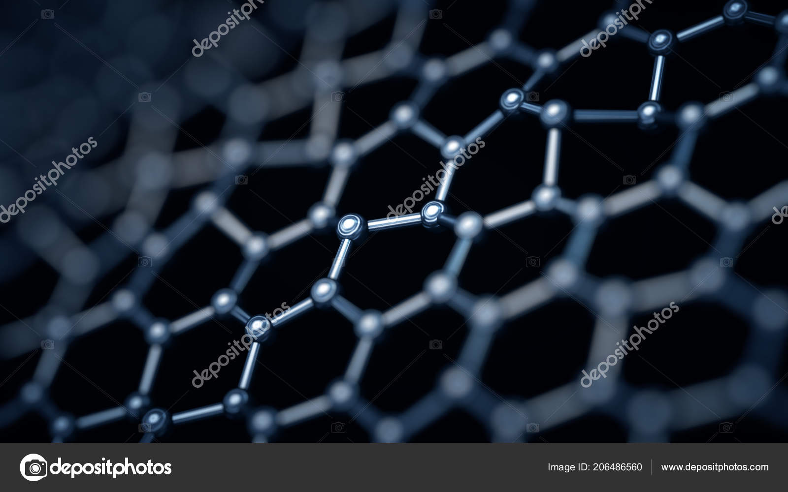 3D illustration of graphene molecules. The crystal lattice grid ...